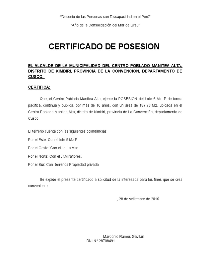 Modelo de Certificado de Posesion - Manitea Alta | PDF | Derecho