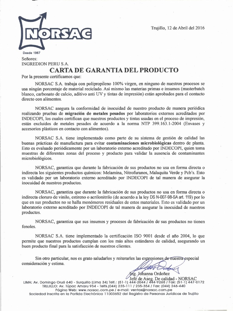 Modelo de Carta de Garantia | PDF | Calidad (comercial) | Naturaleza