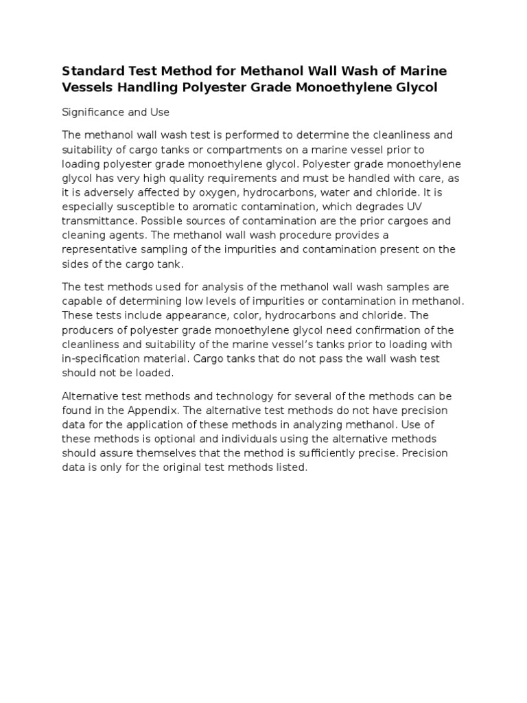 Standard Test Method For Methanol Wall Wash of Marine Vessels Handling ...