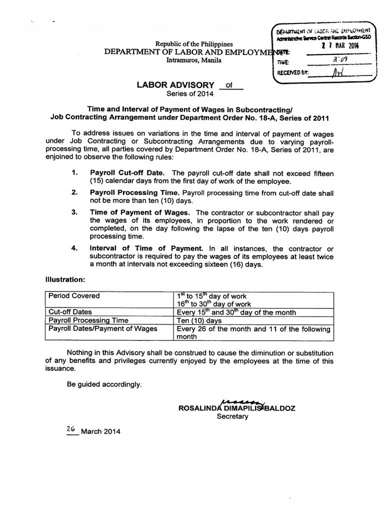 DOLE Labor Advisory No. 01, S of 14 (Time and Interval of Payment) | PDF