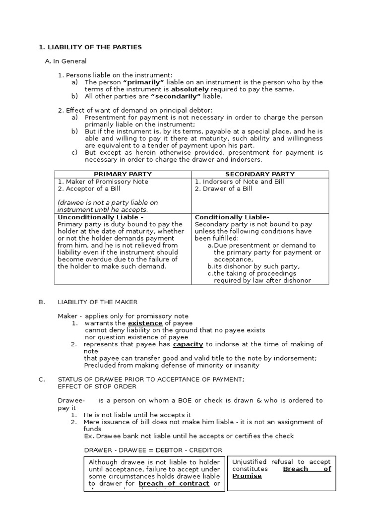 Liability of The Parties Negotiable Instruments | PDF | Negotiable ...