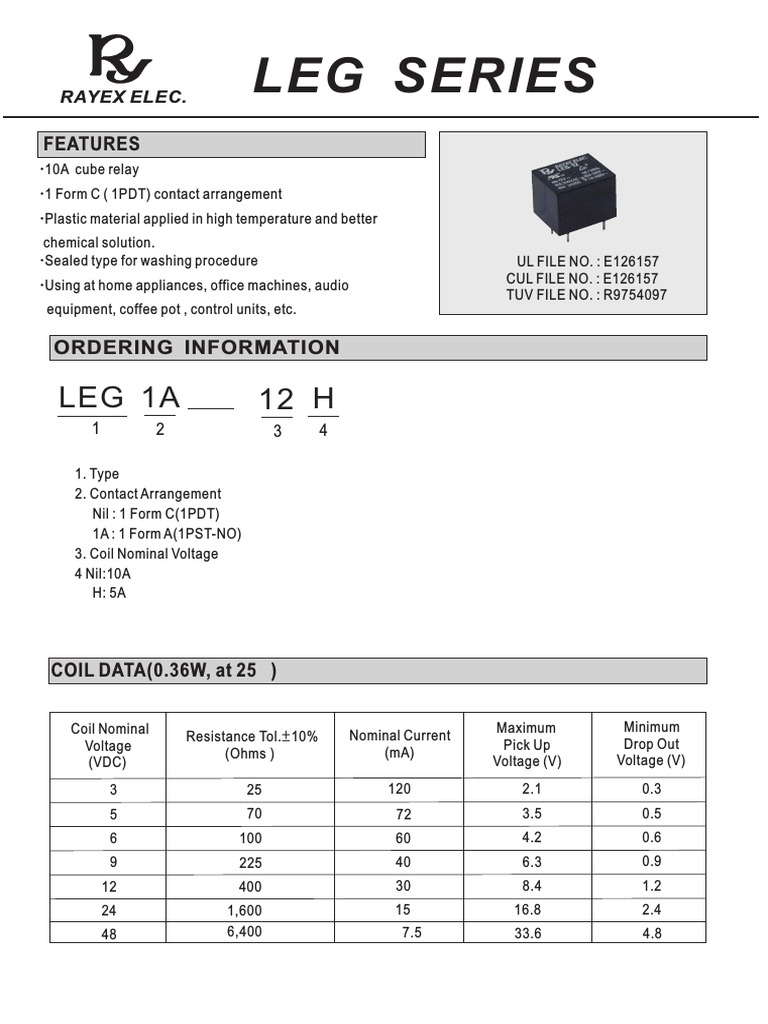 RAYEX ELEC LEG SERIES 10A Cube Relay Technical Specifications and ...