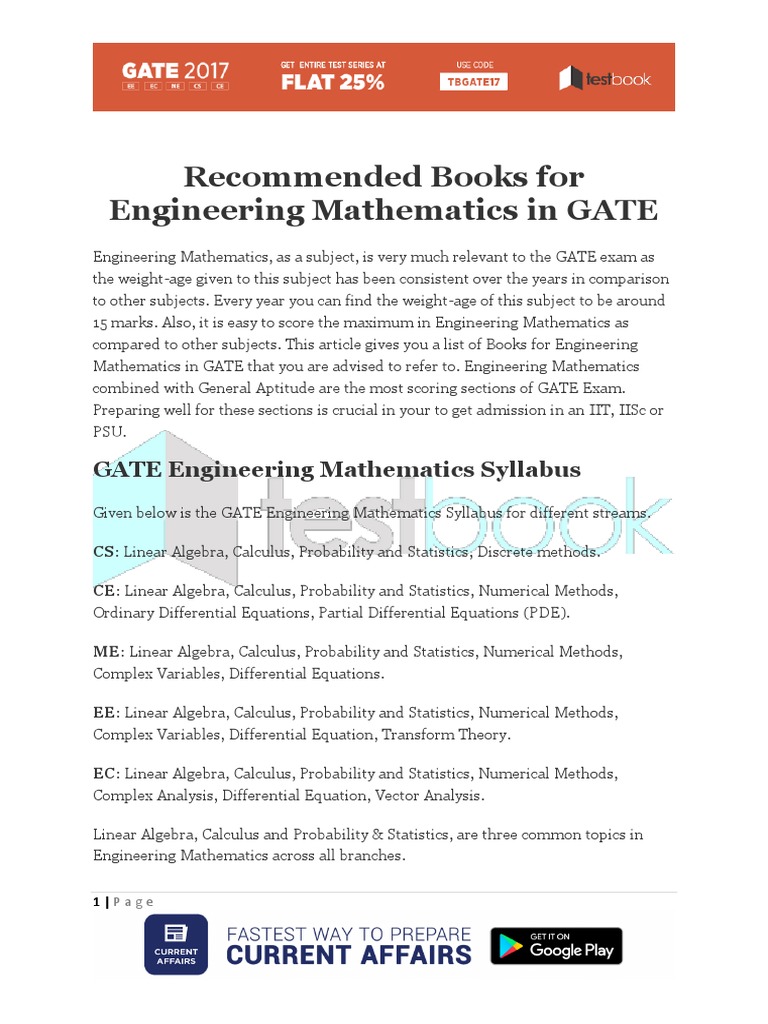 Recommended Books For Engineering Mathematics in GATE PDF | PDF ...