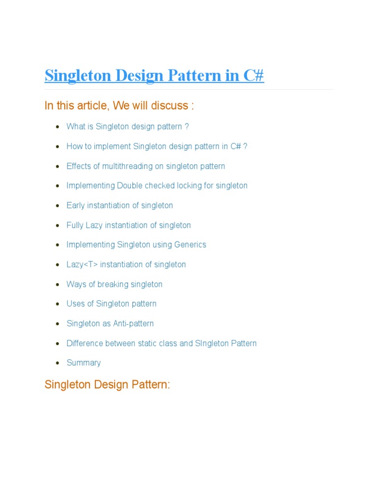 Singleton Design Pattern in C# | Download Free PDF | Constructor (Object Oriented Programming ...