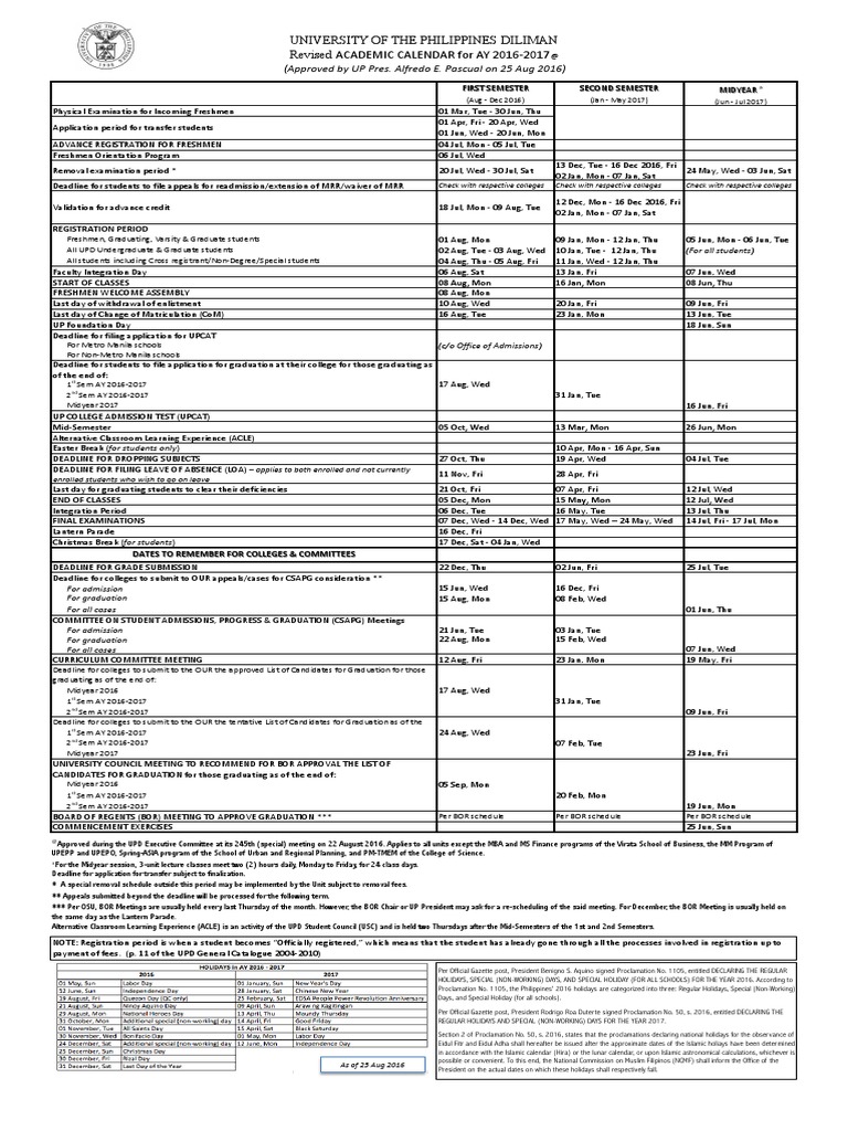 University of The Philippines Diliman Revised ACADEMIC CALENDAR For AY ...