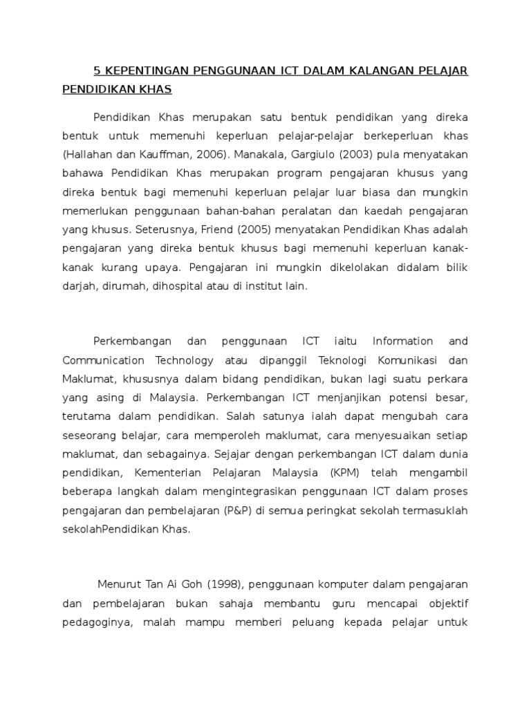 5 Kepentingan Penggunaan Ict Dalam Kalangan Pelajar Pendidikan Khas | PDF