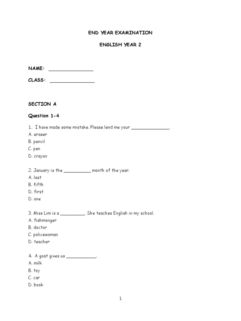 English Year 2 Final Exam | PDF