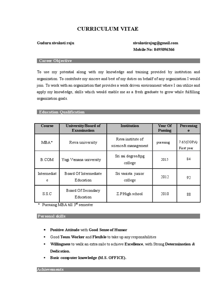 Curriculum Vitae: Career Objective | PDF