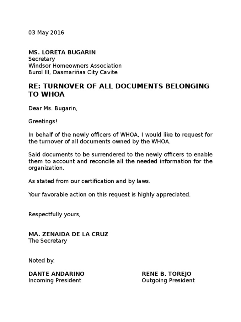 Re: Turnover of All Documents Belonging To Whoa: Ms. Loreta Bugarin | PDF