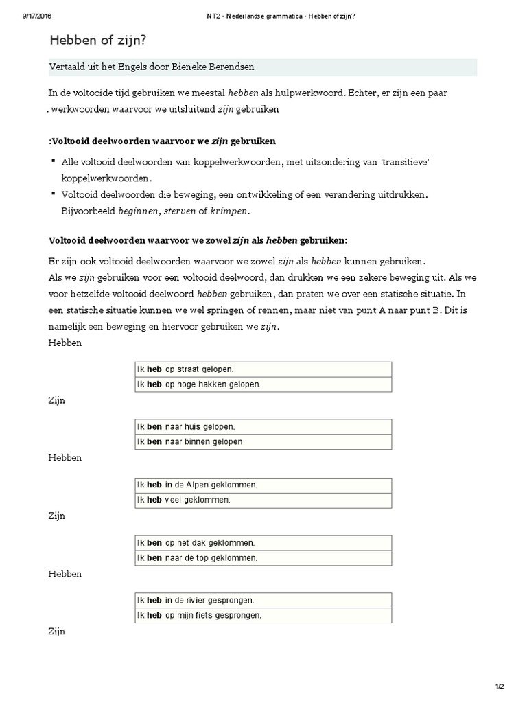 NT2 - Nederlandse Grammatica - Hebben of Zijn | PDF