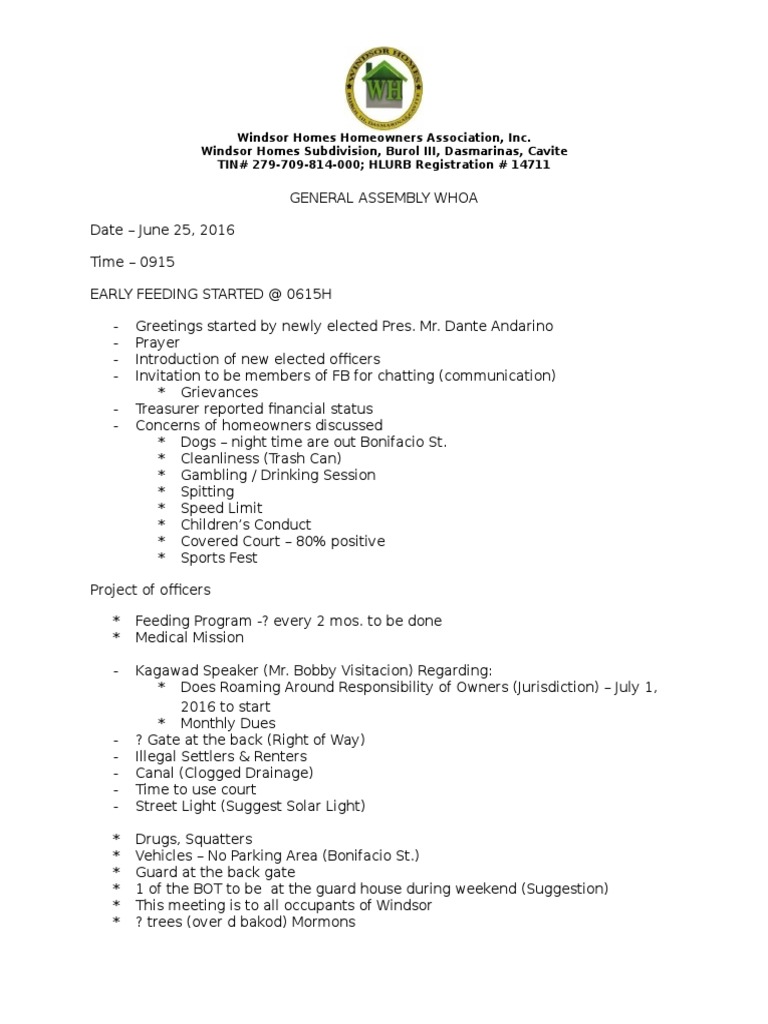 Windsor Homes Homeowners Association, Inc. Windsor Homes Subdivision ...
