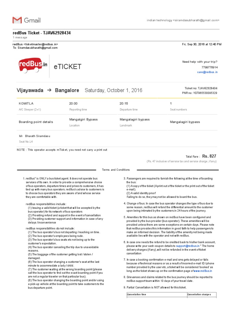 Gmail - RedBus Ticket - TJAV62928434 | PDF | Ticket (Admission) | Bus