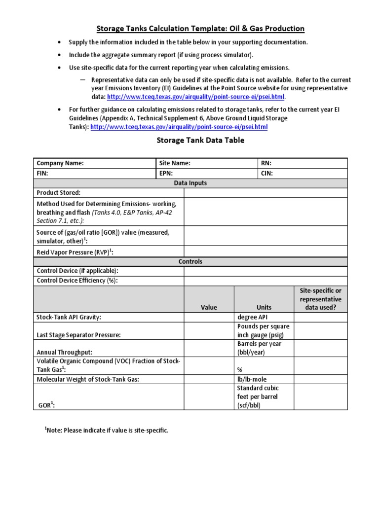 Storage Tanks Calculation Template: Oil & Gas Production: Company Name ...