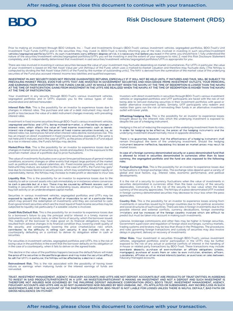 BDO Trust Investment Risk Disclosure | PDF