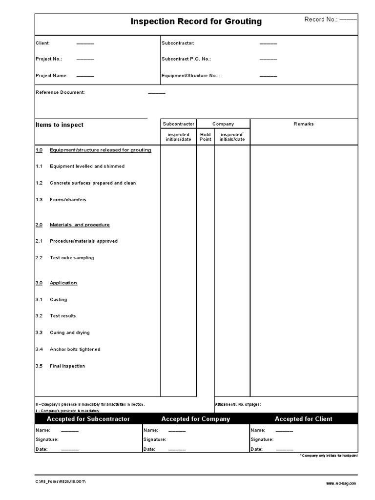 Inspection Record For Grouting: Items To Inspect | PDF