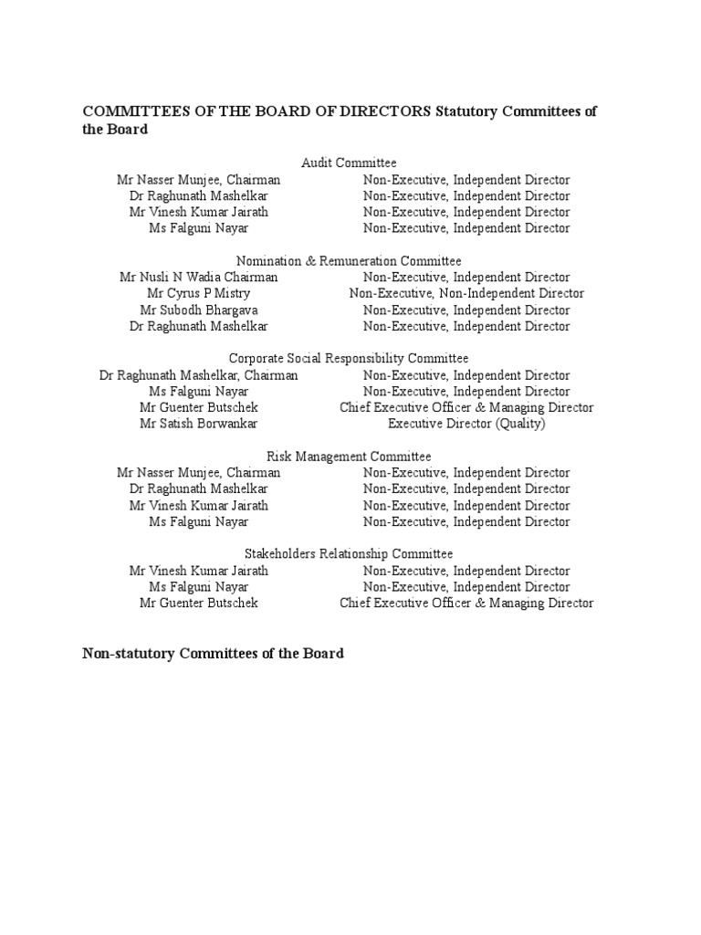 Committees of The Board of Directors Statutory Committees of The Board ...