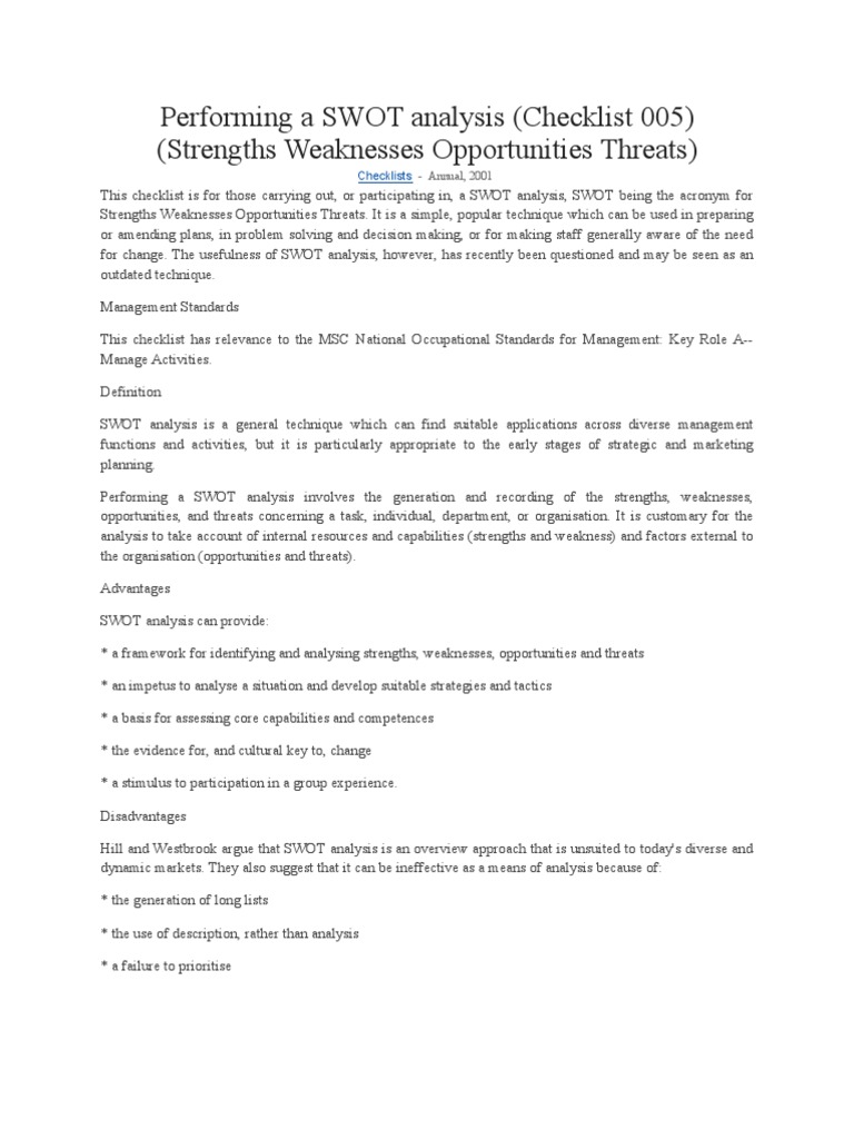 SWOT Check List | PDF | Swot Analysis | Psychological Concepts