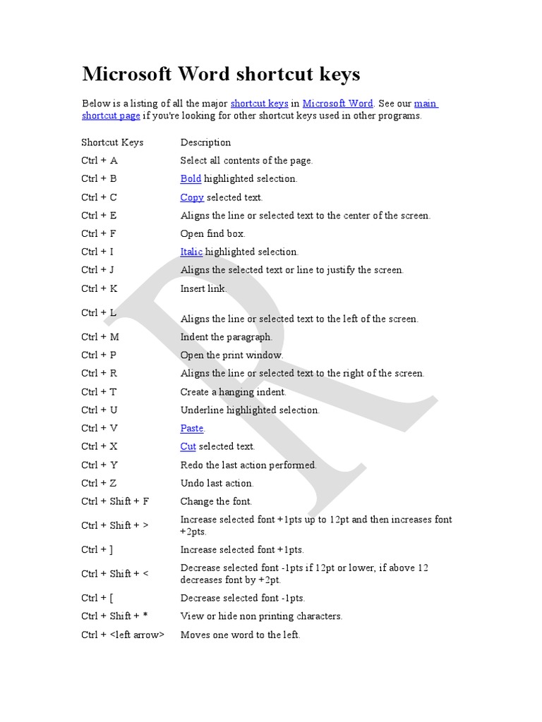 Microsoft Word Shortcut Keys | PDF