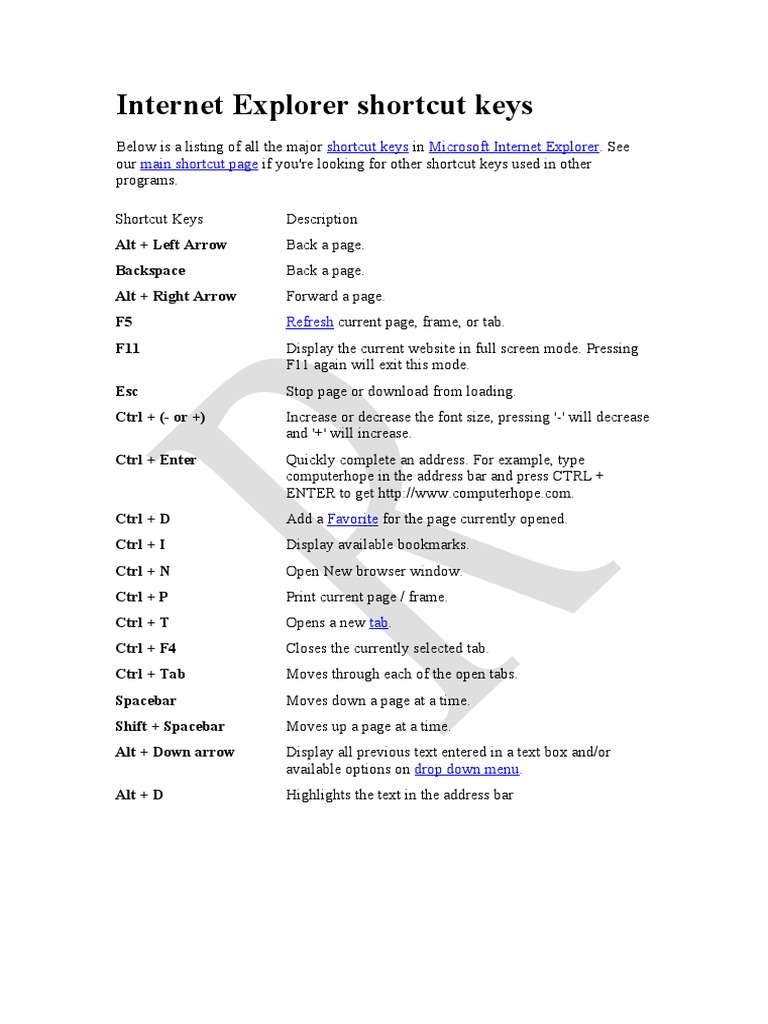 Internet Explorer Shortcut Keys | PDF