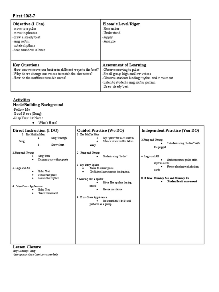 Music Movement and Rhythm Lesson Plan | PDF