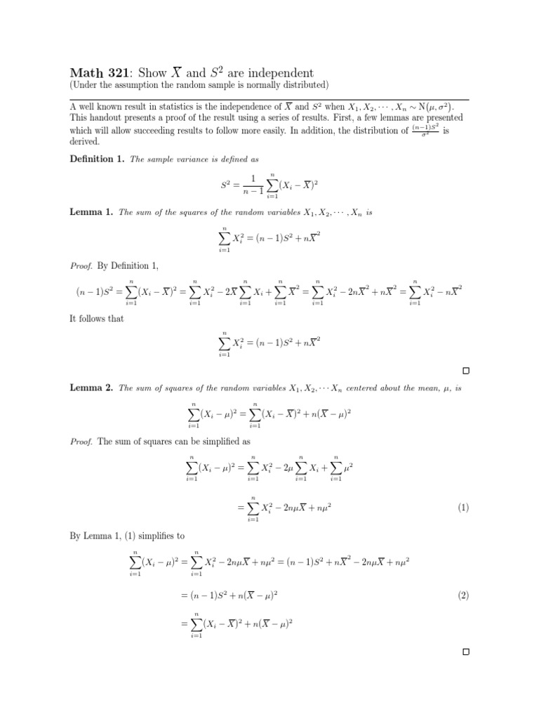 Show Sample Mean and Variance Are Independent Under Normality | PDF ...