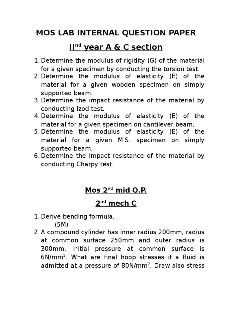 Mos Lab Internal Question Paper II Year A & C Section | PDF