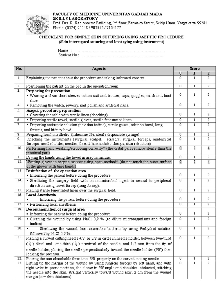 Check List Suturing Aseptik - Revisi 19-01-10 | Surgical Suture | Surgery