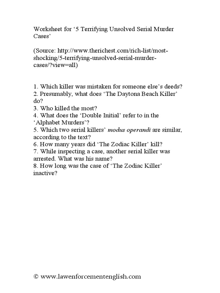 Worksheet For 5 Terrifying Unsolved Serial Murder | PDF | Serial Killer ...
