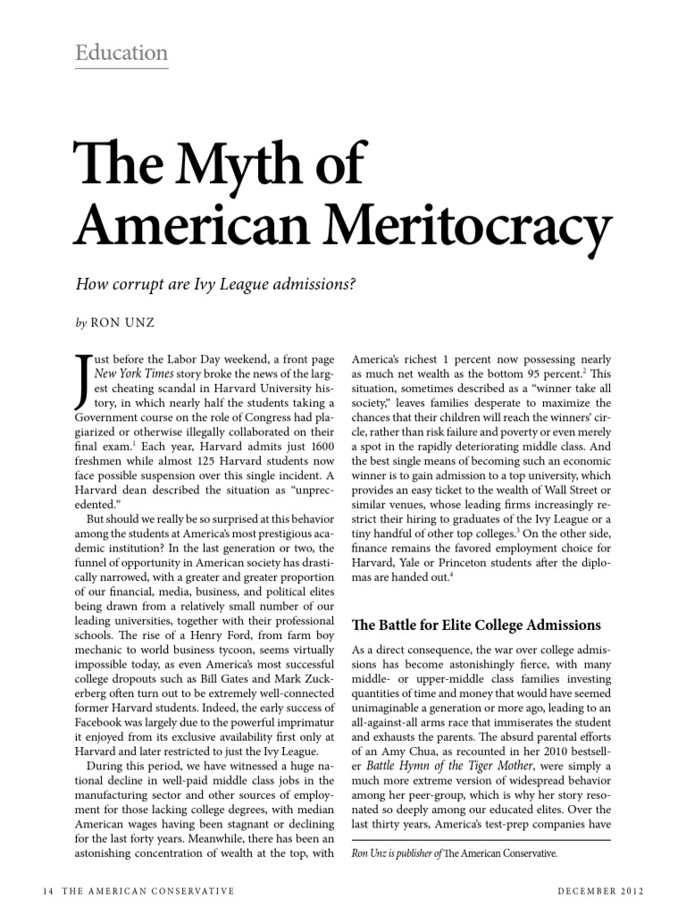 The Myth of American Meritocracy-Unz | PDF | Ivy League | University And College Admission