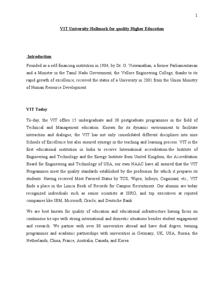 VIT University-Hallmark For Quality Higher Education | PDF | Business