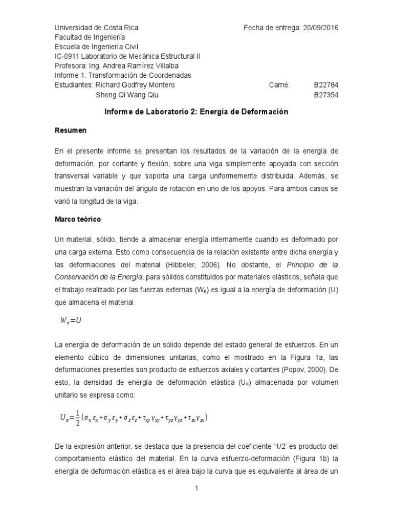 Informe de Laboratorio 2 - Energía de Deformación | PDF | Doblar | Elasticidad (Física)