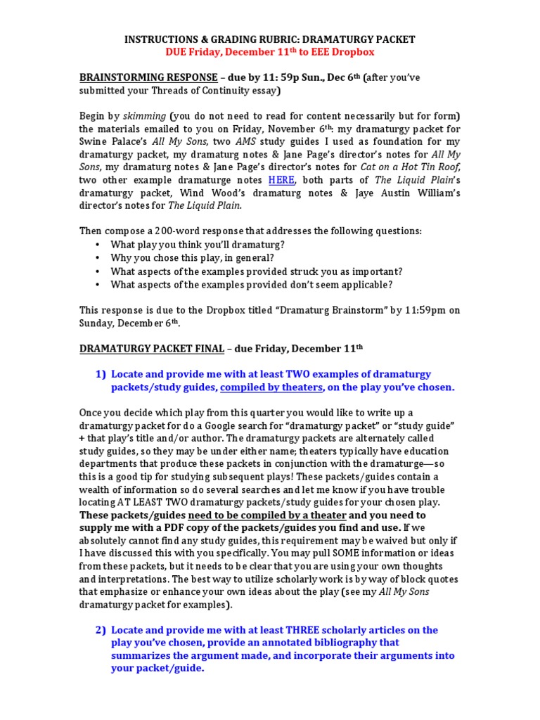 1dramaturgy Packet Instructions & Rubric | PDF | Playwright | Theatre