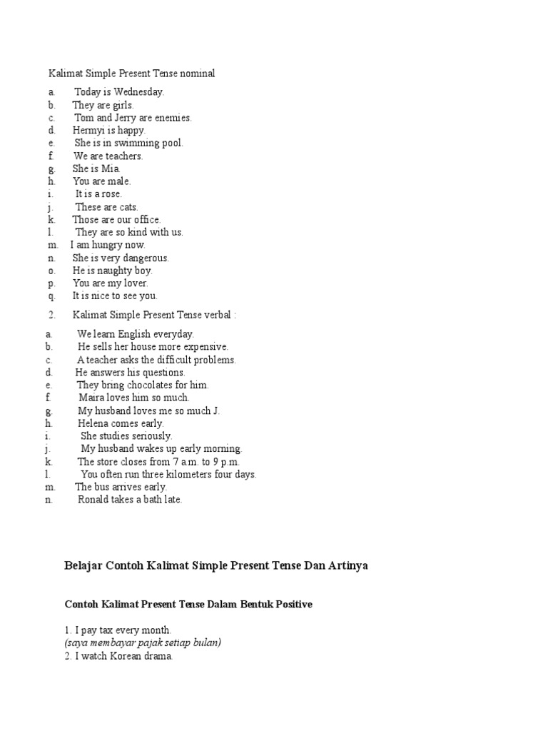 Kalimat Simple Present Tense Nominal & Verbal | PDF | Leisure