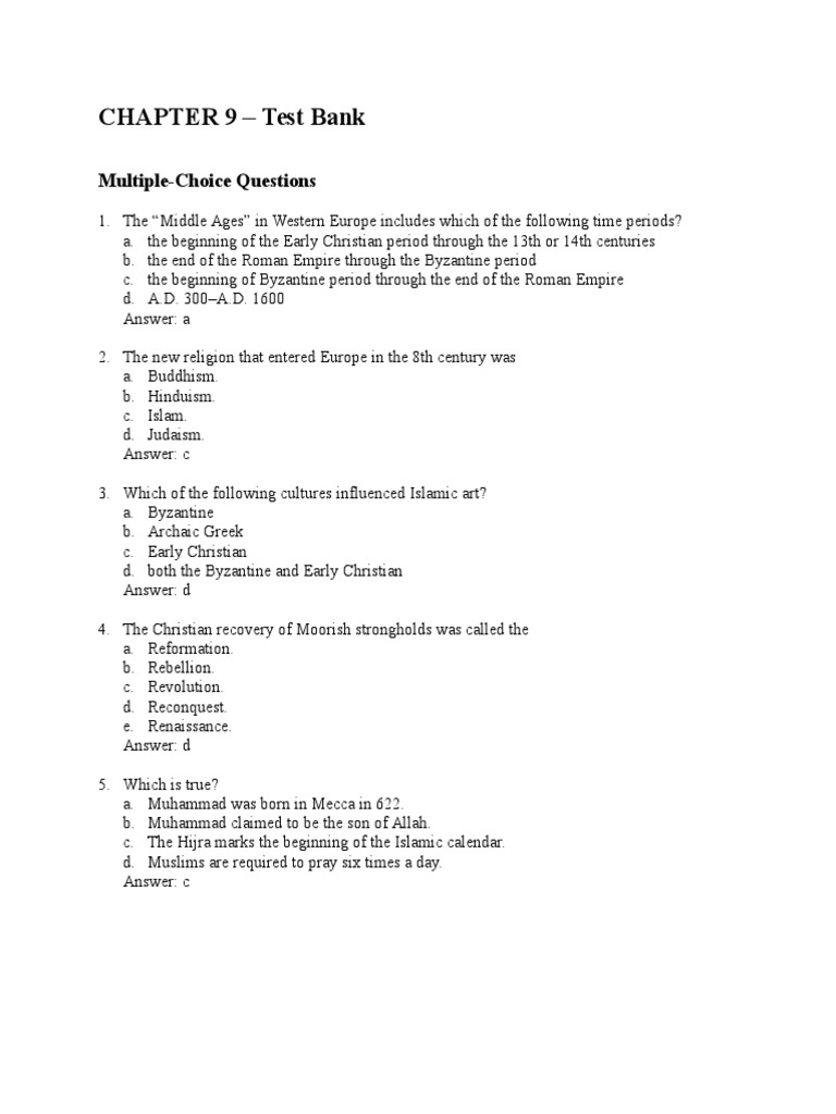 Middle Ages Test Bank Questions | PDF | Mosque | Beowulf