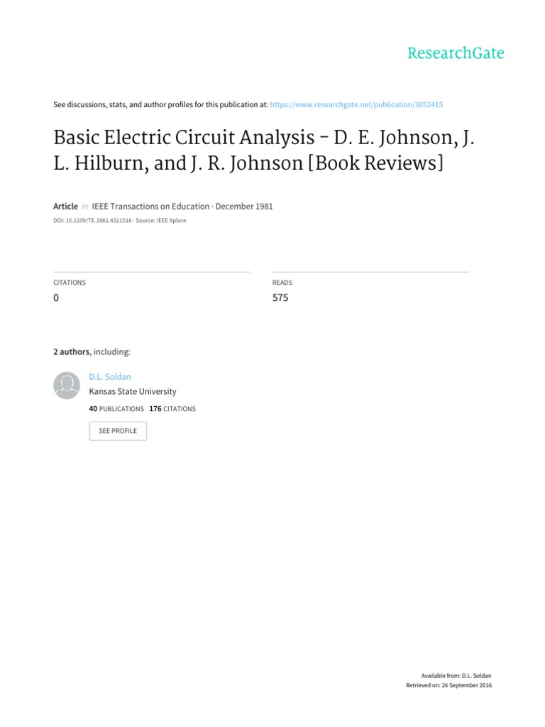 Basic Electric Circuit Analysis - D E Johnson J L | PDF | Electrical Impedance | Electrical Network