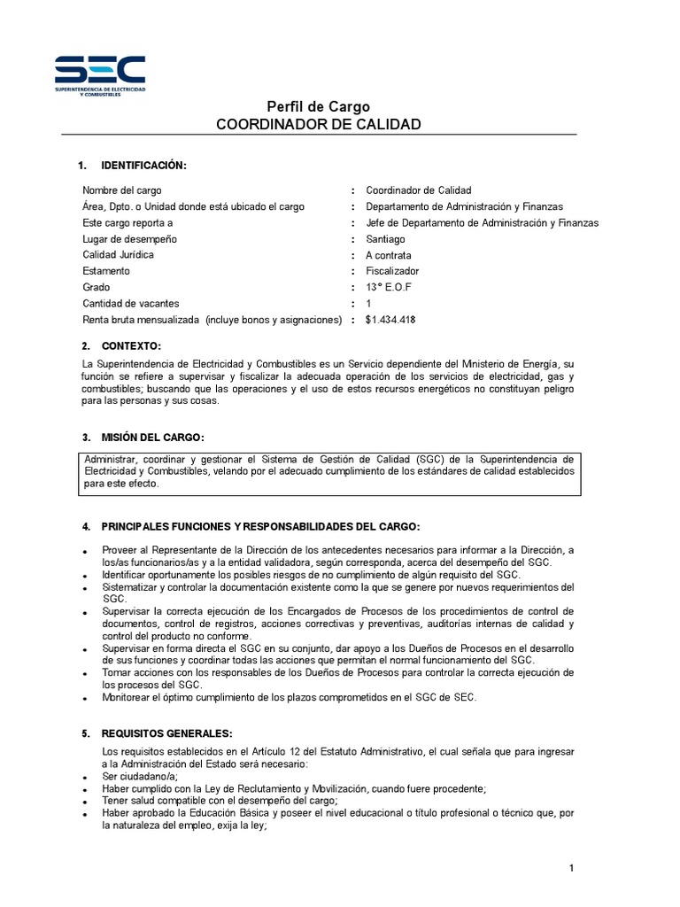 Perfil de Cargo Coordinador de Calidad PDF | PDF | Calidad (comercial) | Planificación