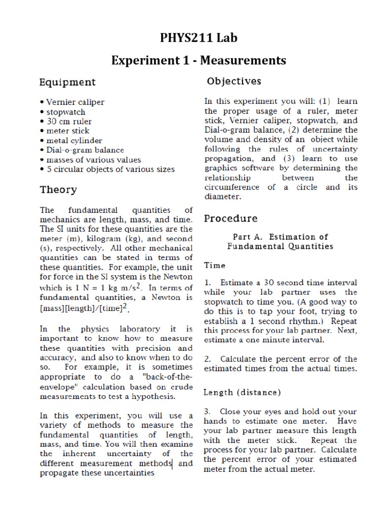Lab Manual E1 - Measurements | PDF | Science & Mathematics | Technology ...