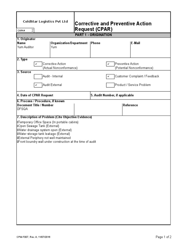 Corrective and Preventive Action Request (CPAR) : Part 1 - Origination | PDF