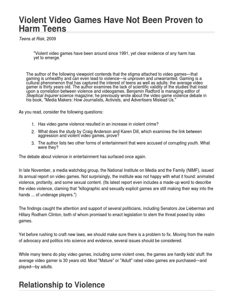 Violent Video Games Have Not Been Proven To Harm Teens | PDF | Video ...