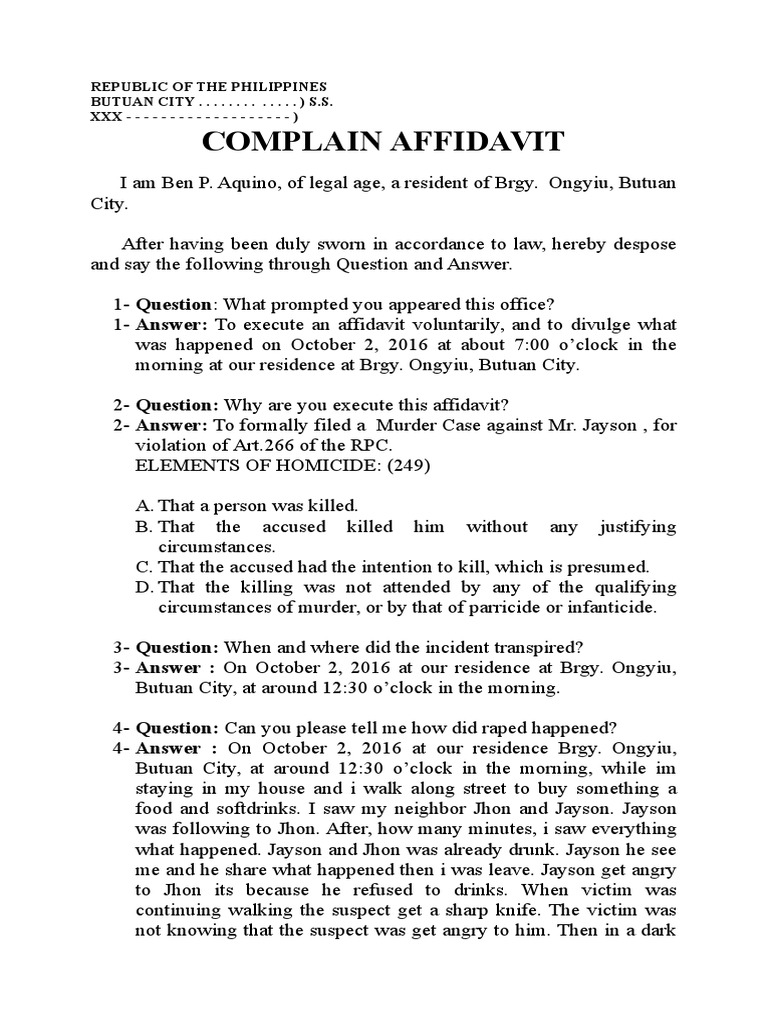 Complaint Affidavit | Murder | Misconduct