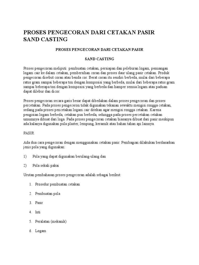 Proses Pengecoran Dari Cetakan Pasir Sand | PDF
