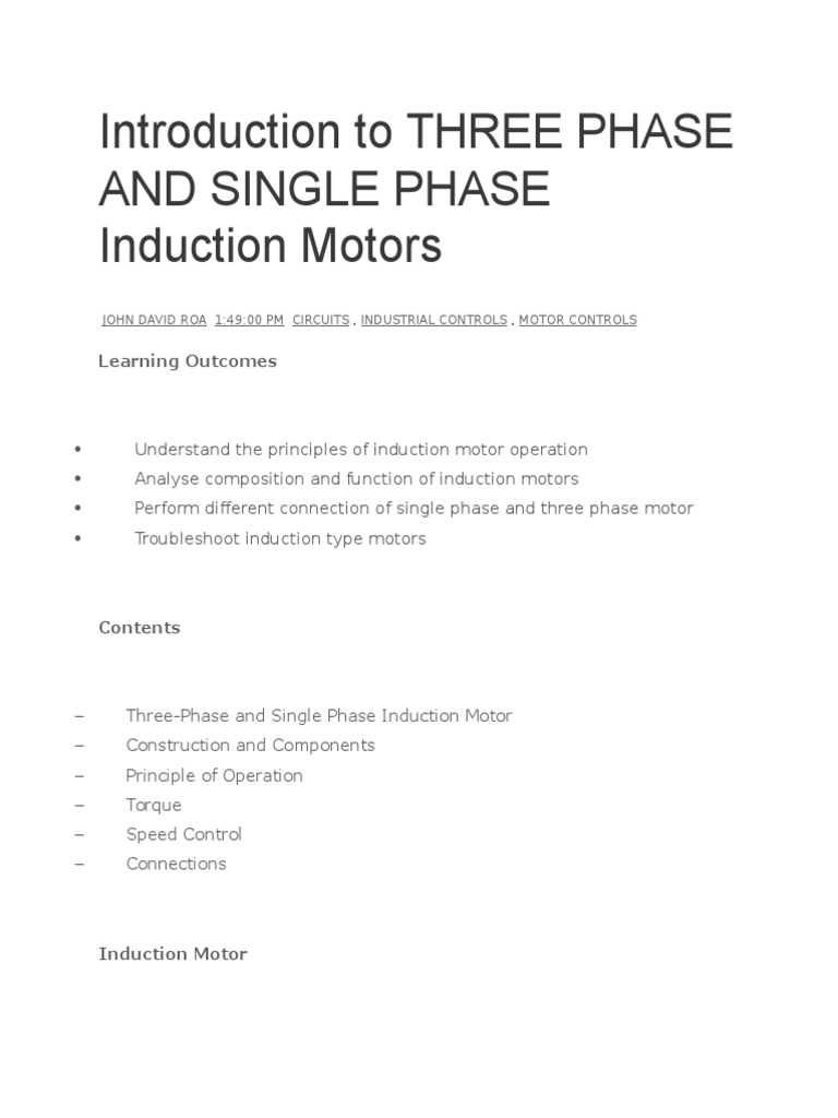 Introduction To THREE PHASE AND SINGLE PHASE Induction Motors | PDF ...
