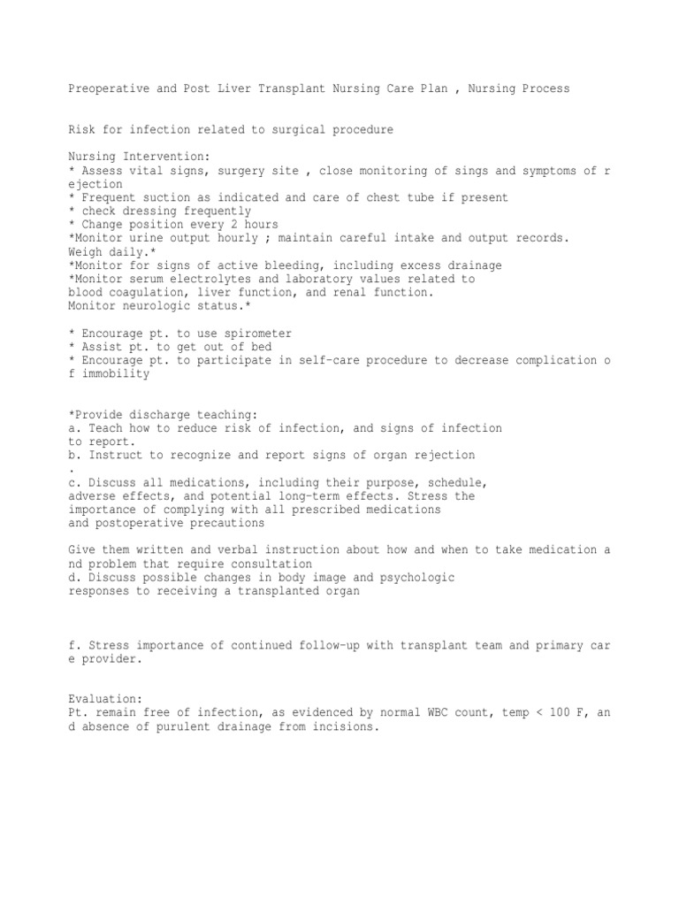 Preoperative and Post Liver Transplant Nursing Care Plan , Nursing ...