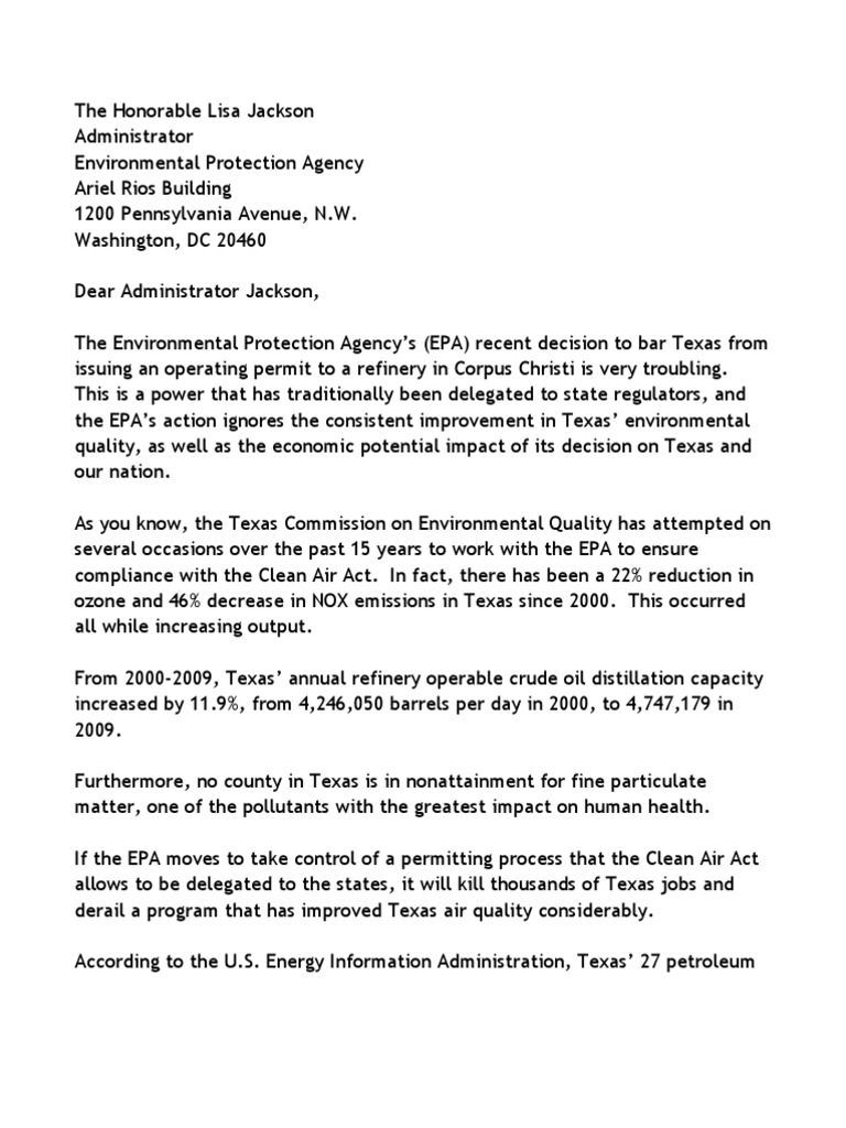 Olson Letter to EPA | Oil Refinery | United States Environmental ...