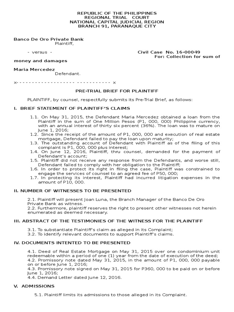 Pre-Trial Brief For Plaintiff | PDF | Lawsuit | Common Law