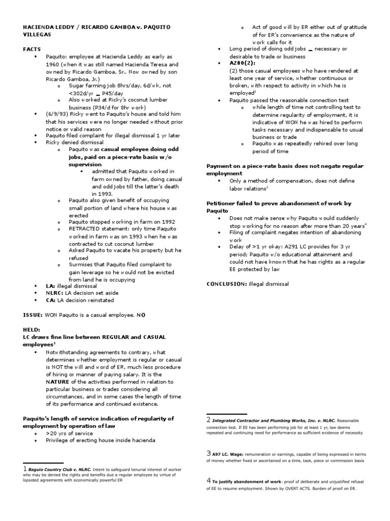 Hacienda Leddy v. Villegas Case Digest | PDF | Employment | Common Law