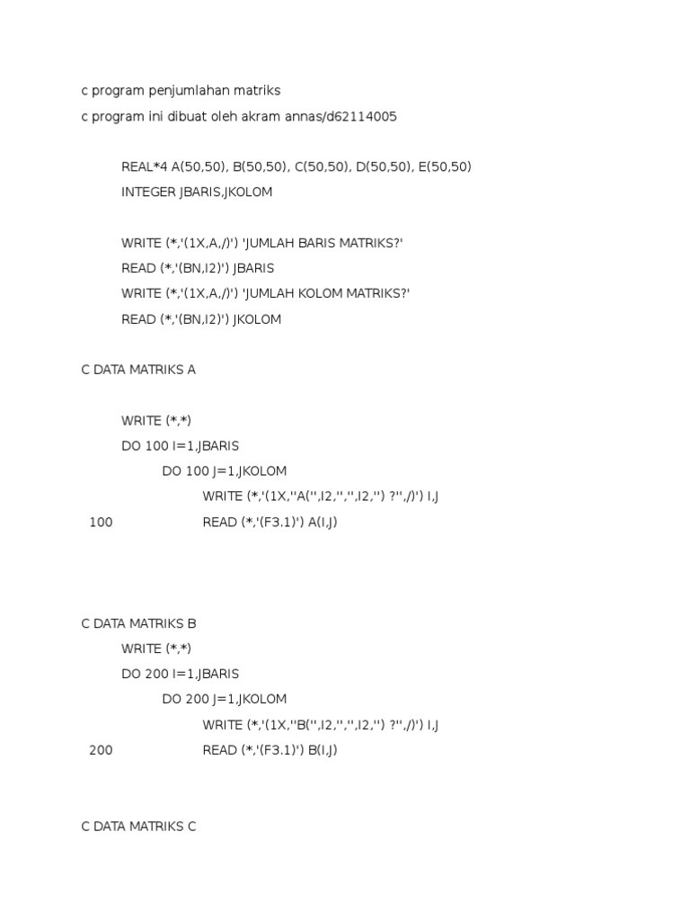 Program C Penjumlahan Matriks | PDF