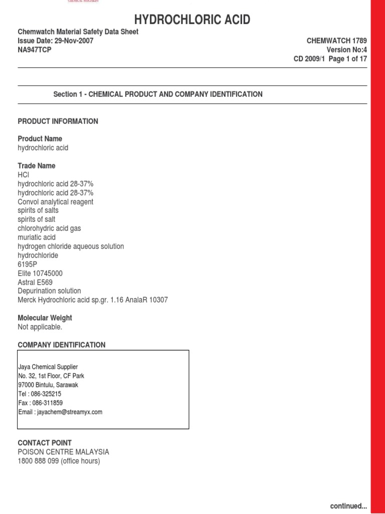 Hydrochloric Acid 30-35% | PDF | Hydrochloric Acid | Lung