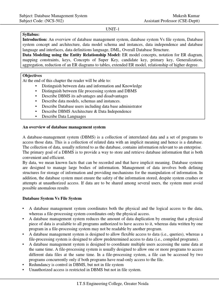 Dbms Unit 1 acoording to AKTU Syllabus | Relational Model | Databases