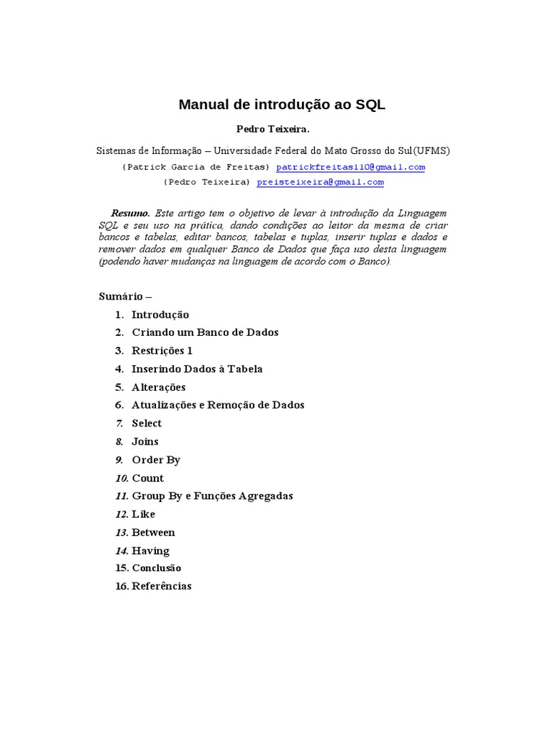 Manual Básico de SQL para Iniciantes (Banco de Dados) | PDF | SQL ...